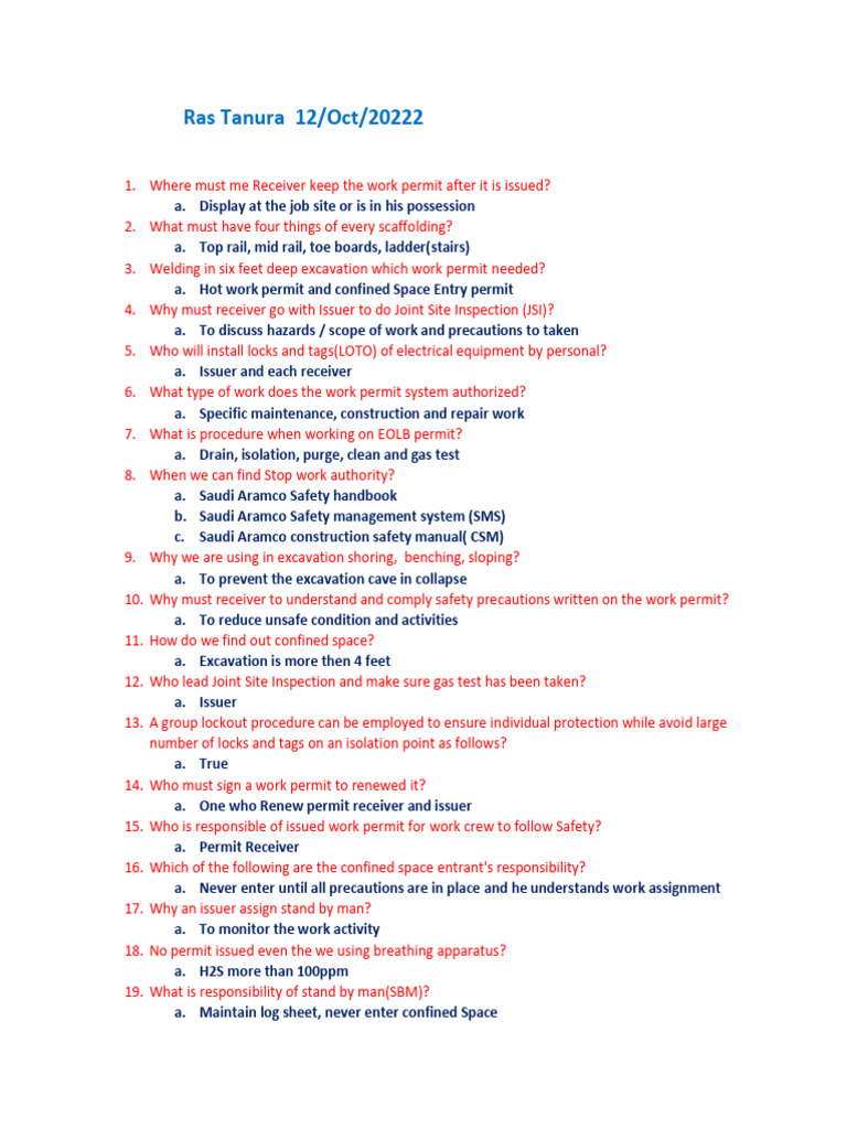 Work Permit Receiver Exam Questions | PDF | Safety | Occupational ...
