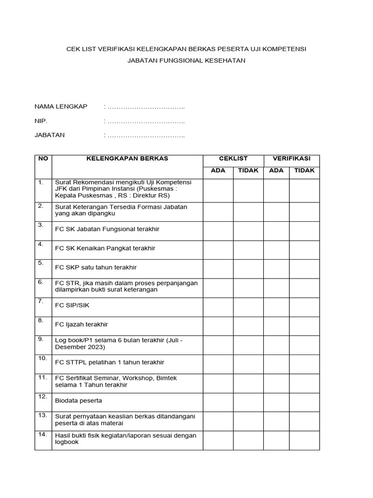Cek List Verifikasi Kelengkapan Berkas Peserta Uji Kompetensi | PDF Cek List Verifikasi Kelengkapan Berkas Peserta Uji Kompetensi | PDF
