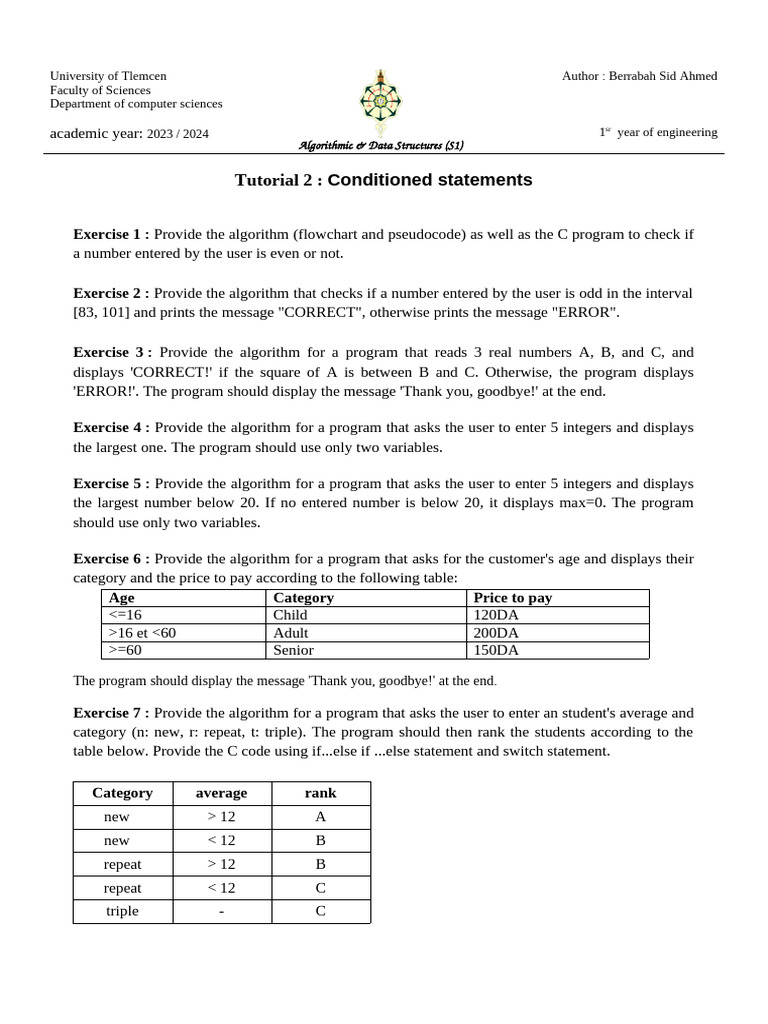 Td2 Conditional Statements Download Free Pdf Algorithms