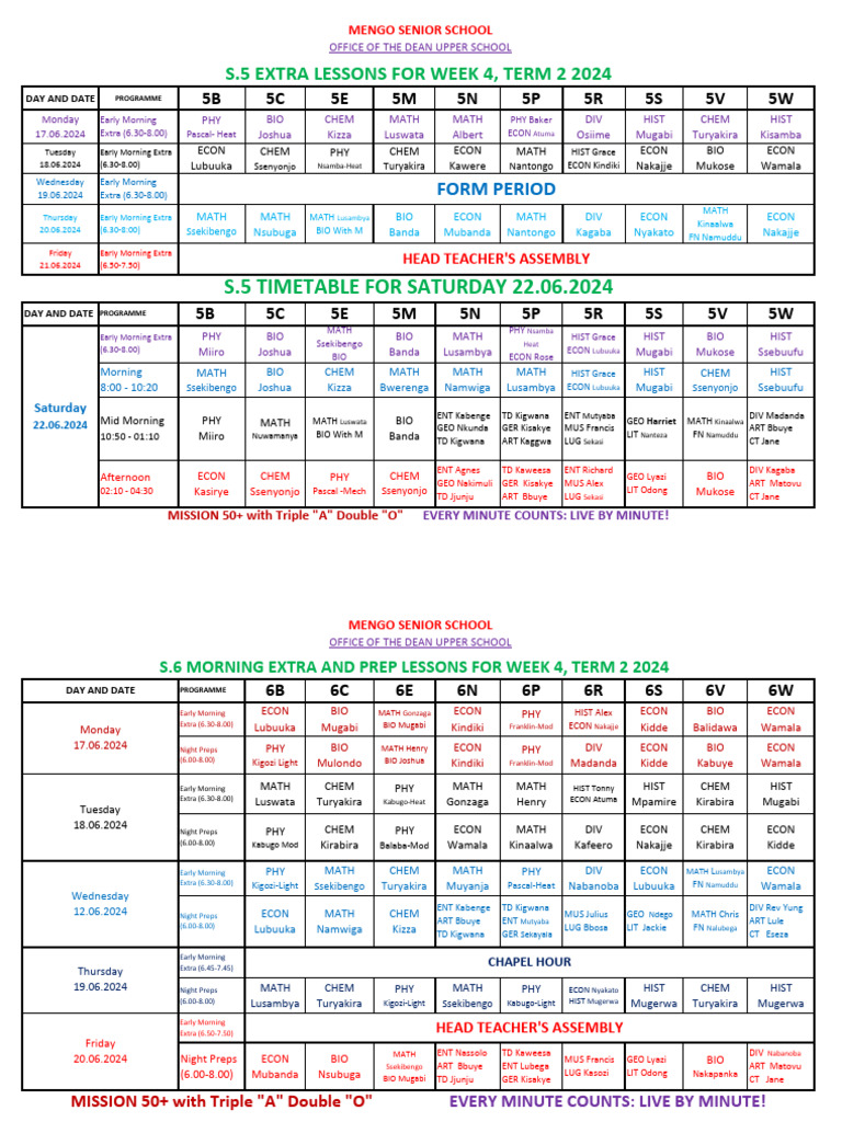 Upper School Week 4 Extras, Preps and Saturday Lessons | PDF