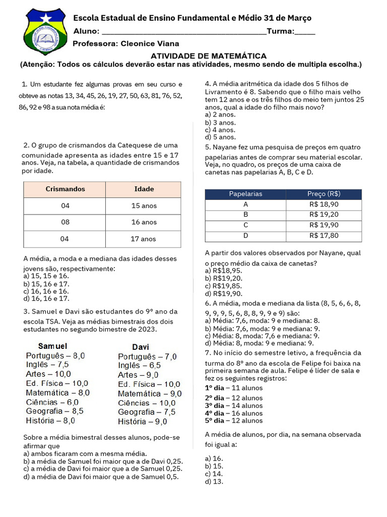 Média Moda e Mediana - 8 Ano | PDF