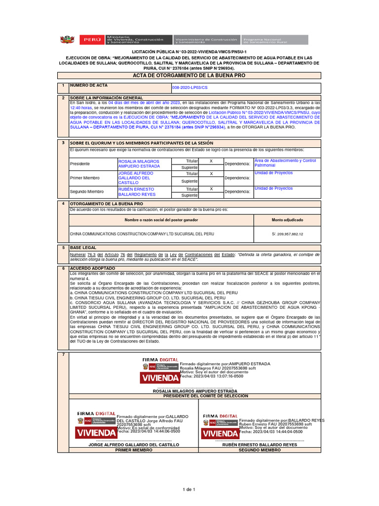 Acta de Buena Pro #008-2020-LP03 - CS | PDF