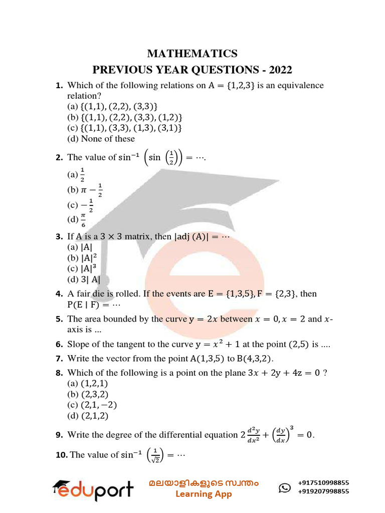 Mathematics Previous Year Questions - 2022: Learning App | PDF | Vector Space | Function ...