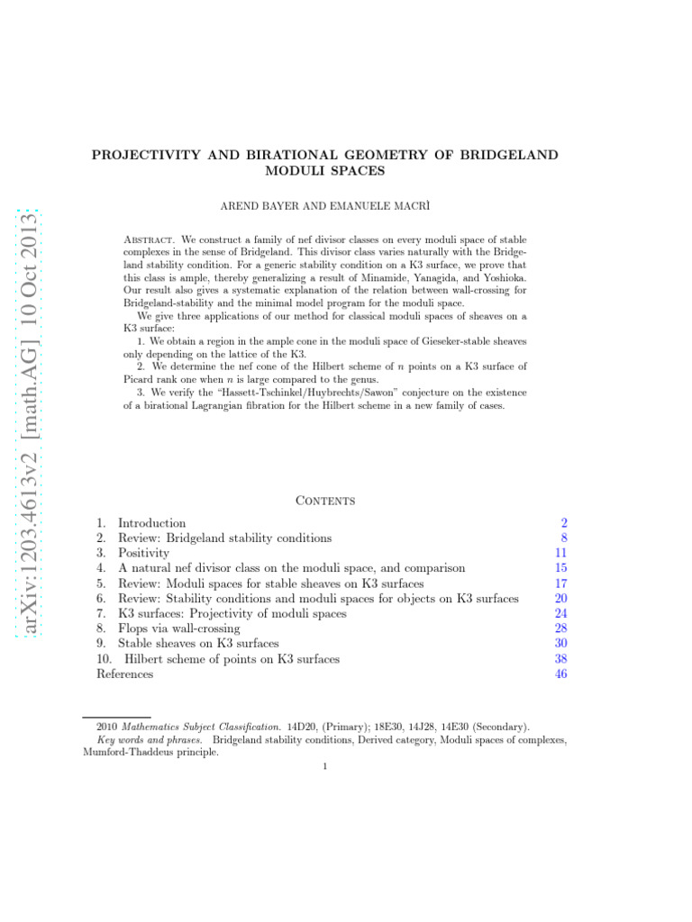 Projective and Birational Geometry of Bridgeland Stability Condition Moduli Space | PDF ...