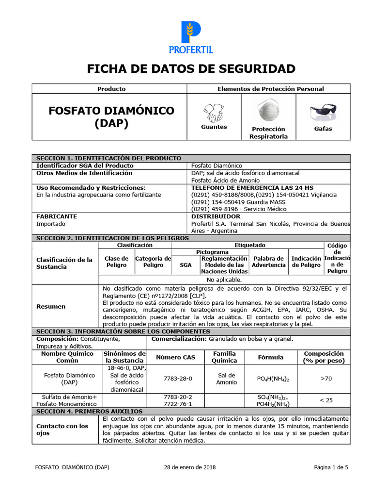 Fosfato Diamonico (Dap) - Hoja de Seguridad | PDF | Fertilizante