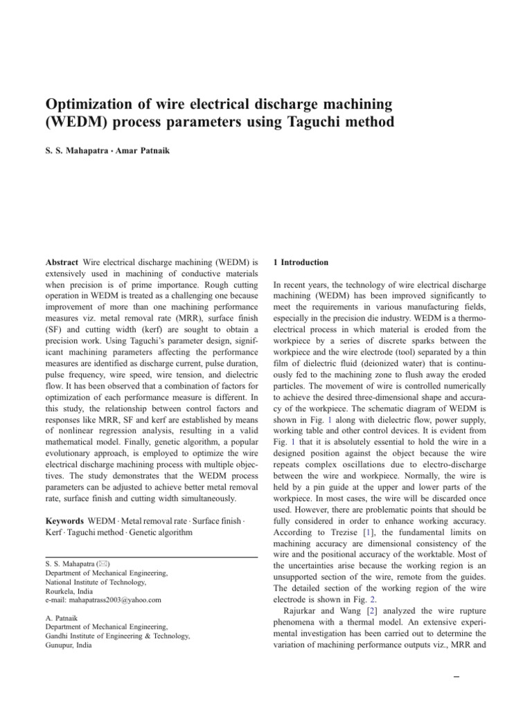 Optimization Of Wire Electrical Discharge Machining Wedm Process Parameters Using Taguchi