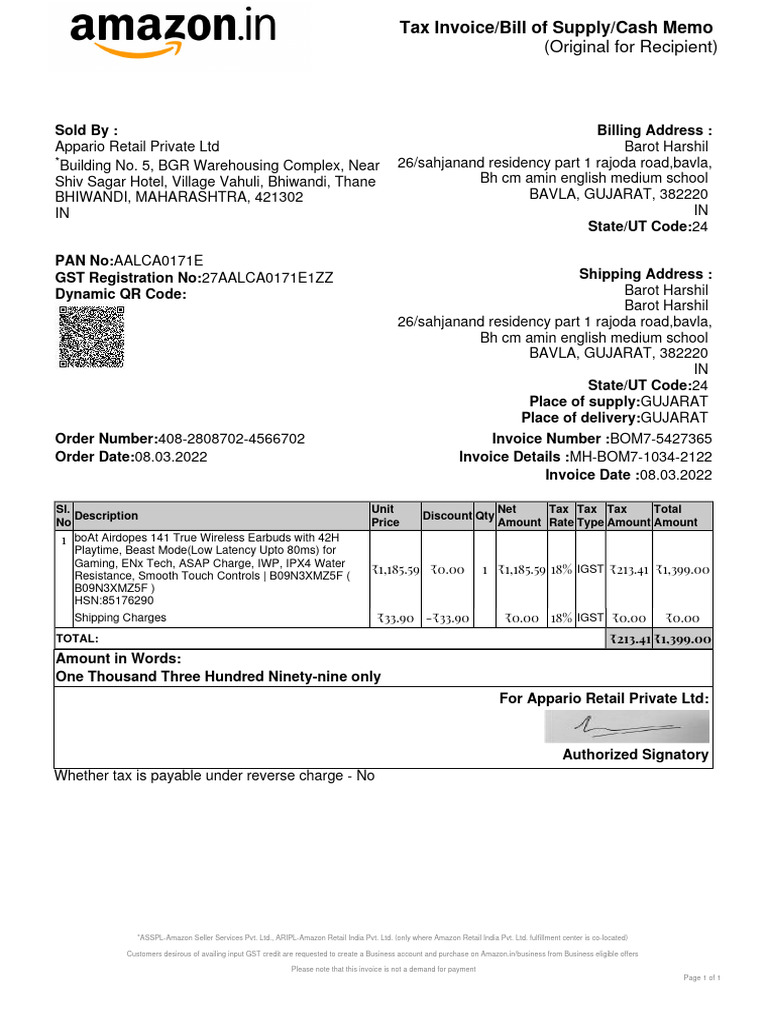 Invoice for boAt Airdopes 141 Purchase | PDF | Invoice | Trade