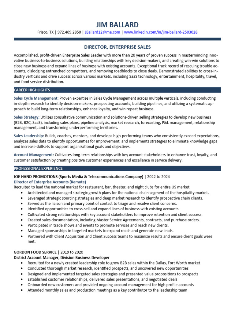 Dice Resume CV Jim Ballard | PDF | Sales | Hotel