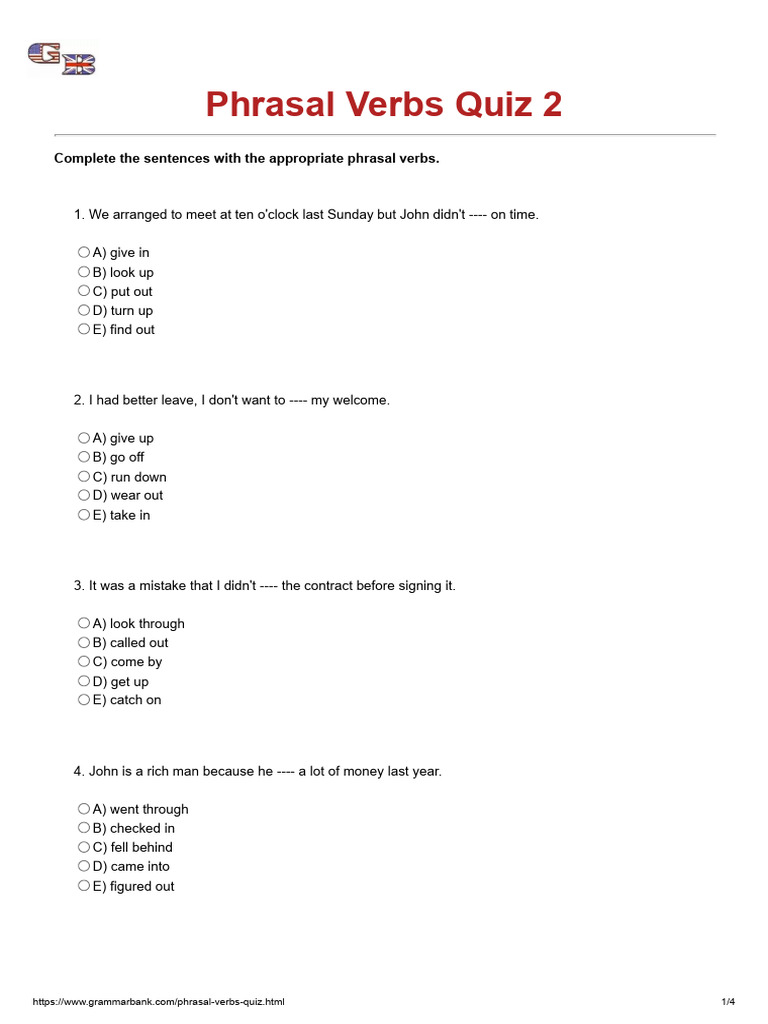 Phrasal Verbs Quiz for Learners | PDF | Language Mechanics | Linguistic ...