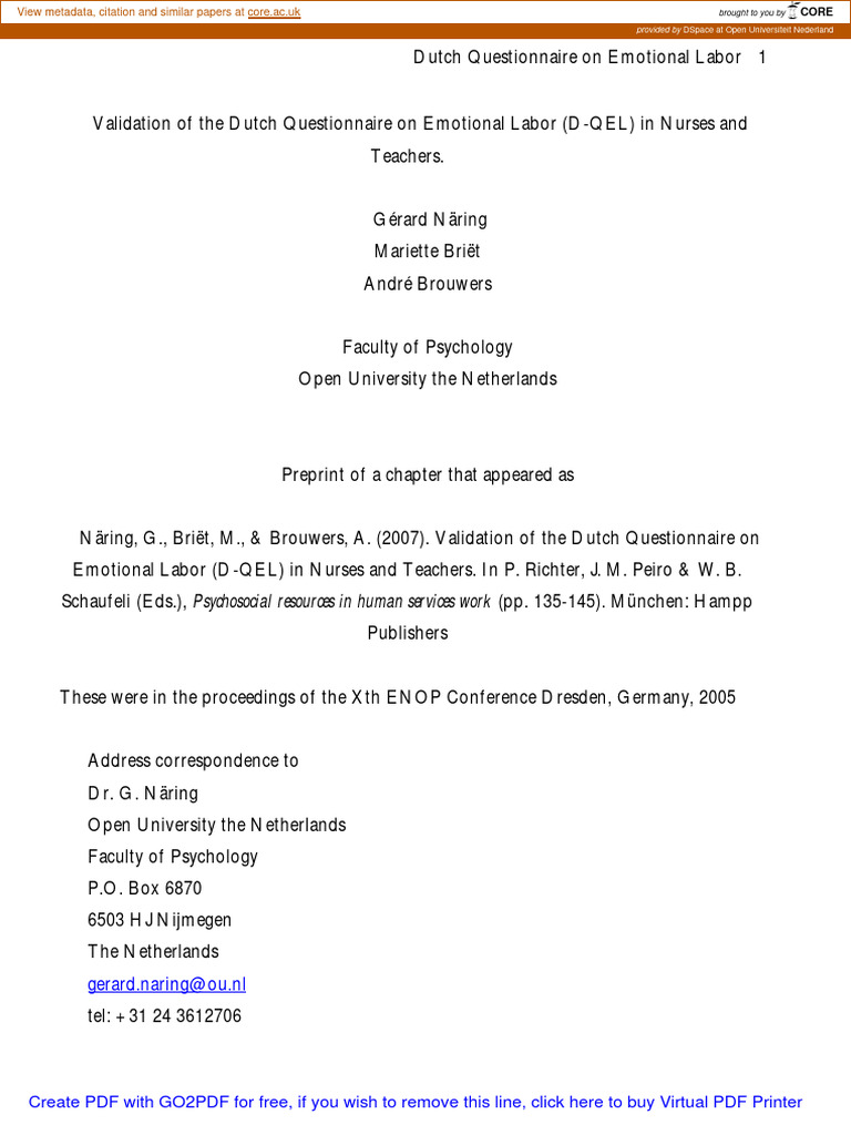 Validation of The Dutch Questionnaire On Emotional Labor (D-QEL) | PDF | Emotions | Psychology