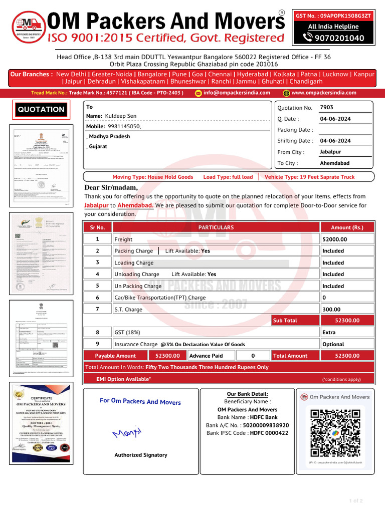 Shifting Quotation - OM Packers Movers | PDF | Insurance | Economies