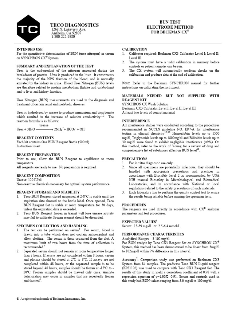 BUN_TEST_ELECTRODE_METHOD_FOR_BECKMAN_CXÂ® | Download Free PDF | Urea ...