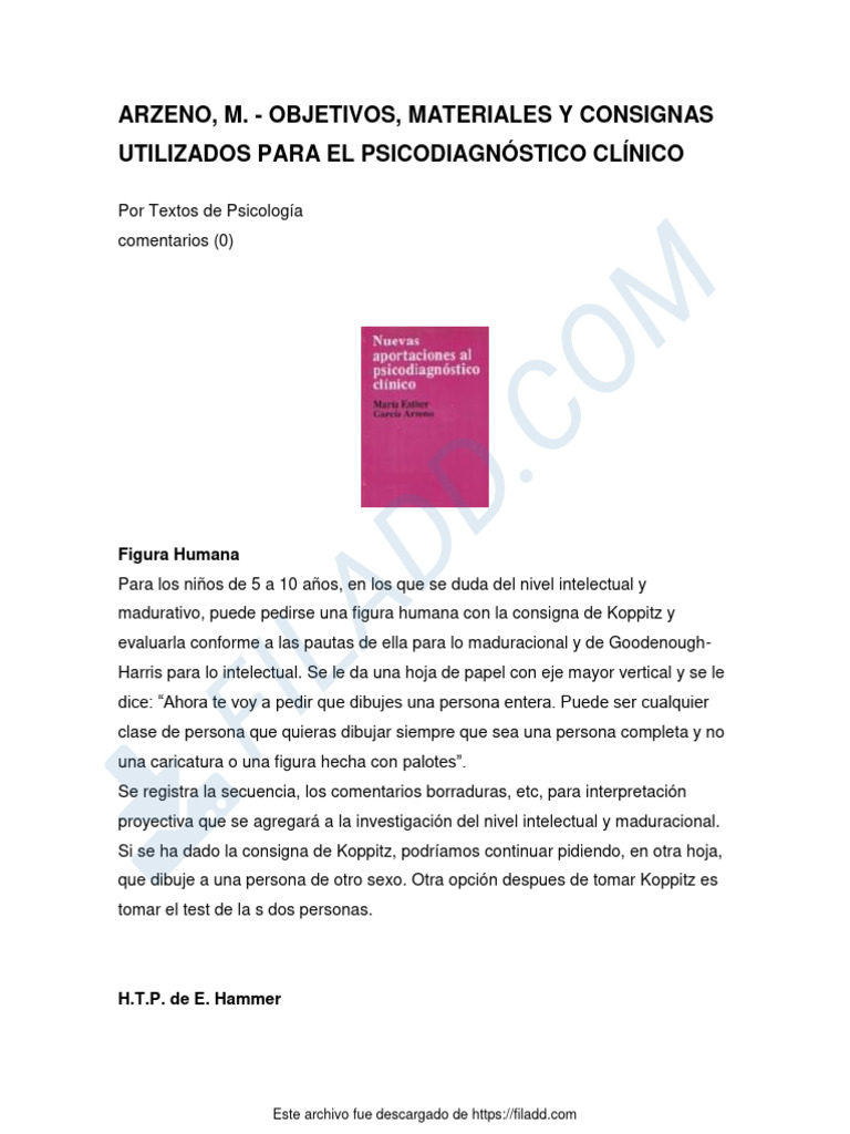 ARZENO OBJETIVOS MATERIALES Y CONSIGNAS UTILIZADOS PARA EL PSICODIAGNOSTICO CLINICO | Descargar ...