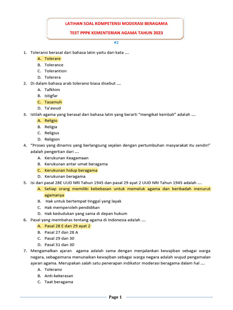 Latihan Soal Moderasi Beragama Part 2 | PDF | Politik