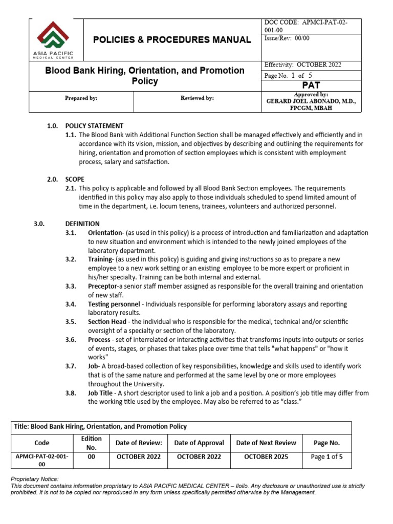 Blood Bank Hiring and Orientation Policy | PDF | Employment | Joint ...