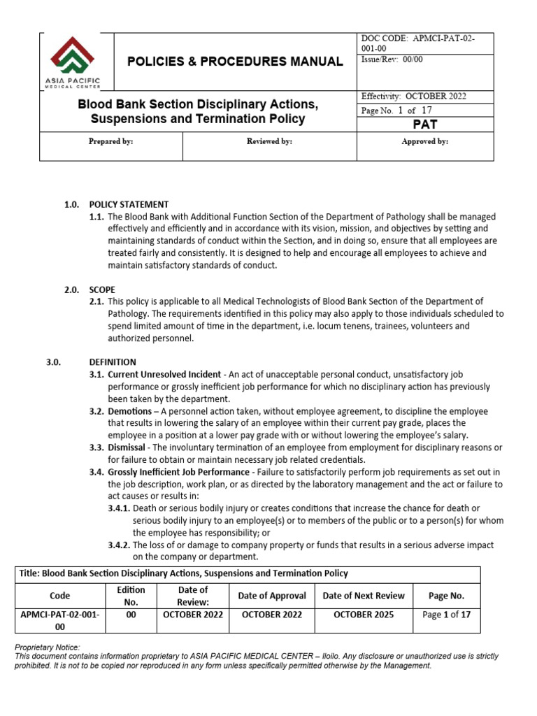 Blood Bank Disciplinary Policy Guide | PDF | Employment | Discovery (Law)