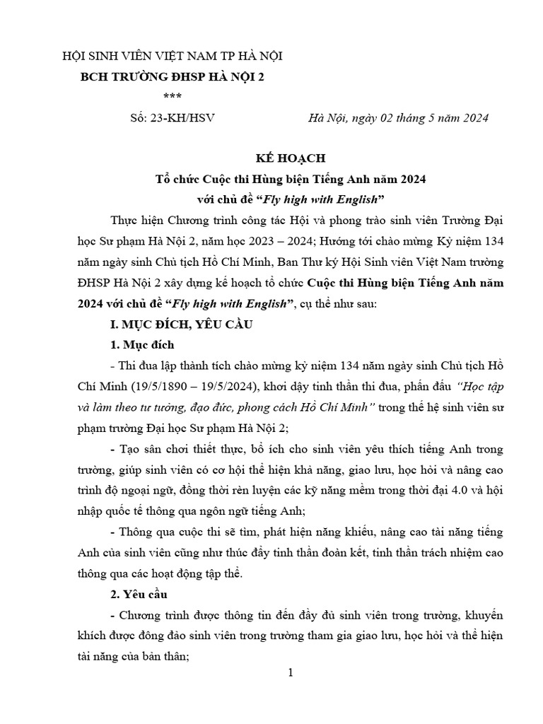 KH-23. Kế Hoạch Cuộc Thi Hùng Biện Tiếng Anh 2024 | PDF