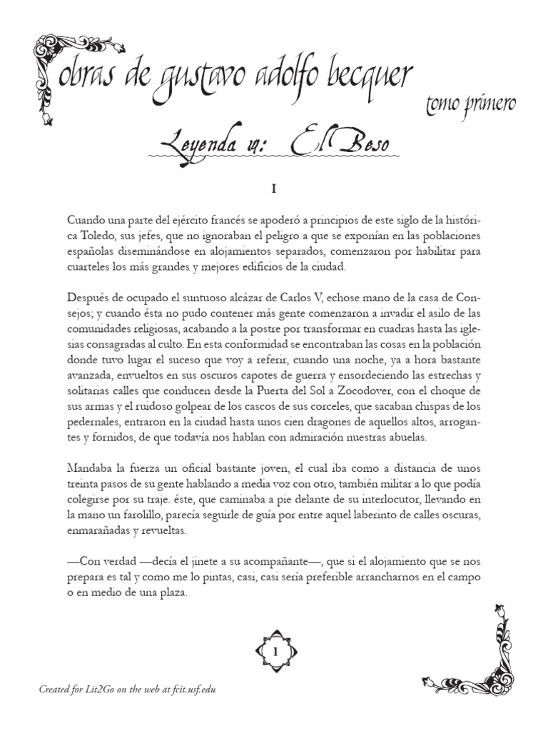 Obras de Gustavo Adolfo Becquer Tomo Primero 015 Leyenda 14 El Beso | PDF