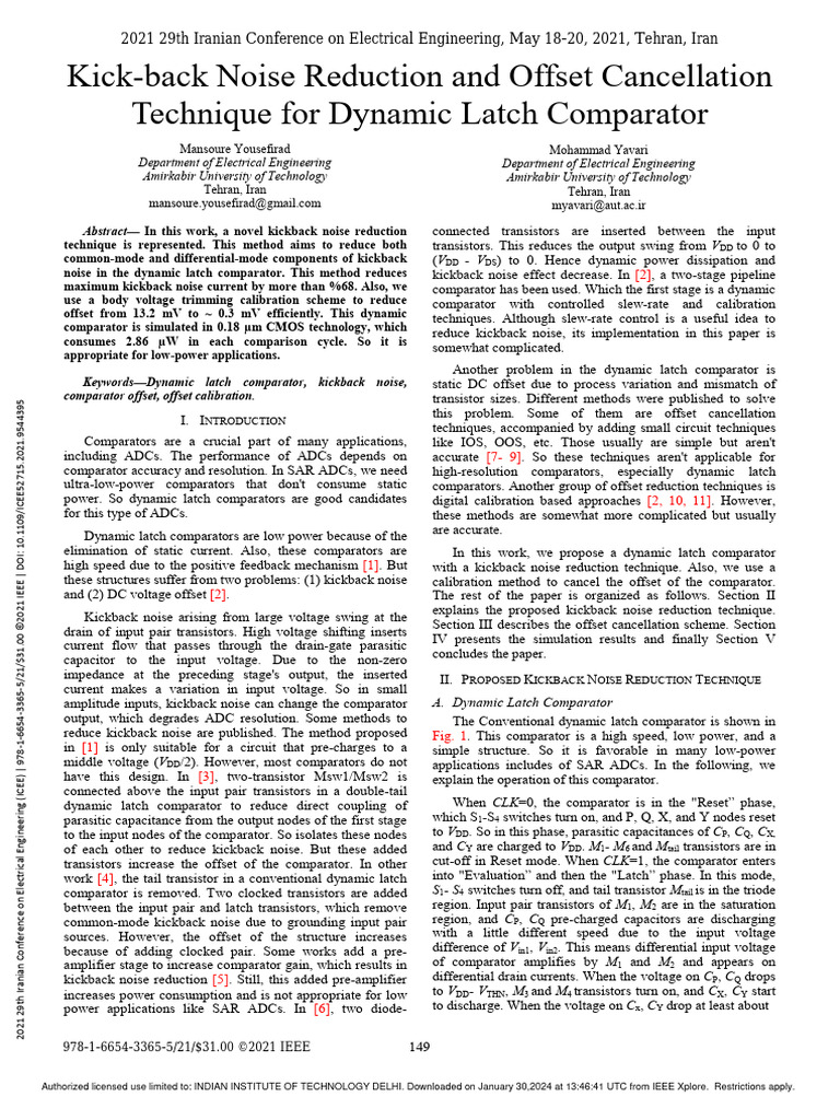 Kick-Back Noise Reduction and Offset Cancellation Technique For Dynamic Latch Comparator | PDF ...