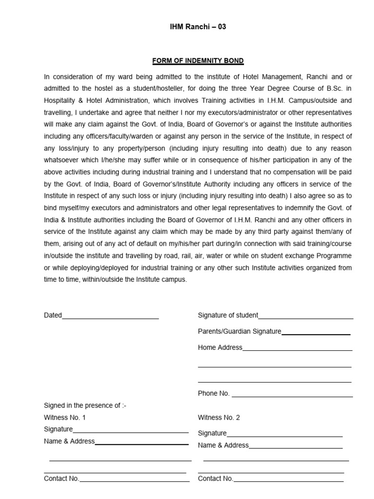 Parent Declaration-Indemnity Bond | PDF | Indemnity | Law Of Obligations