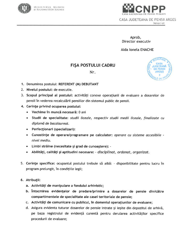 Fisa Post Cadru Referent Debutant | PDF