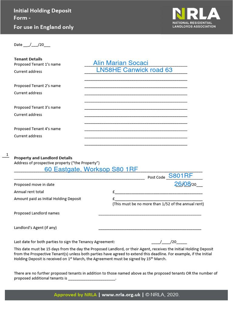 001 Initial Holding Deposit Form - 230715 - 210425 | PDF | Leasehold ...