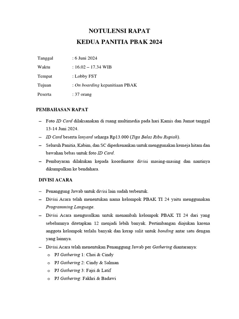 Notulensi Rapat Panitia PBAK 2024 | PDF | Karier & Perkembangan | Bisnis