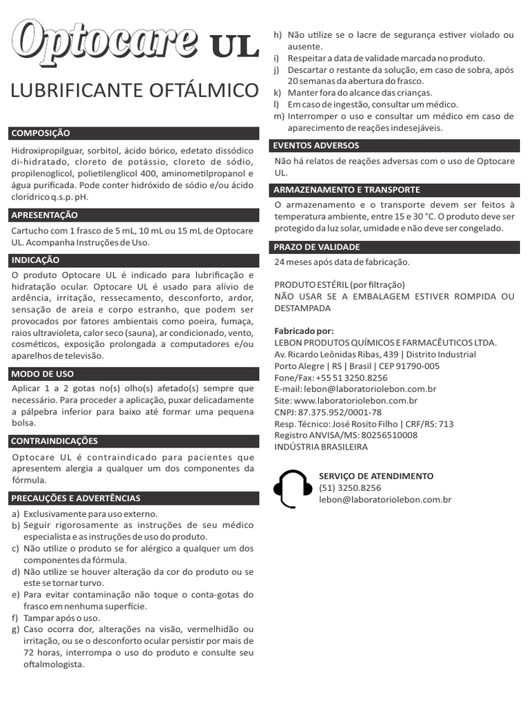 Lubrificante Oftalmico Optocare Ul 10ml | PDF