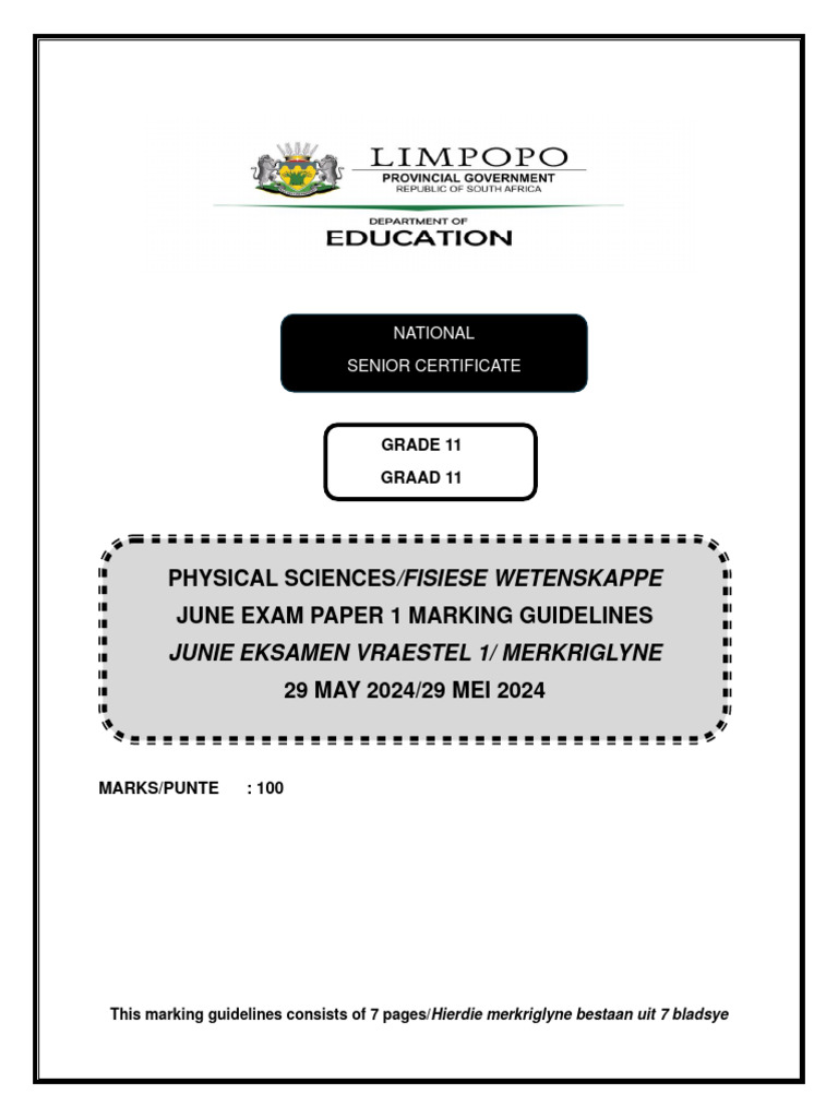 PHYSICAL SCIENCE Grade 11 Marking Guidelines JUNE 2024 P1 | PDF | Force ...