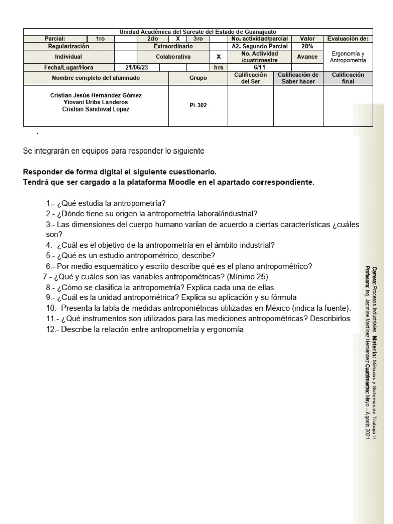 Actividad Antropometria Pdf Factores Humanos Y Ergonomía