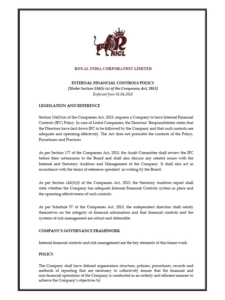 Policy On Internal Financial Control | PDF | Internal Control | Audit