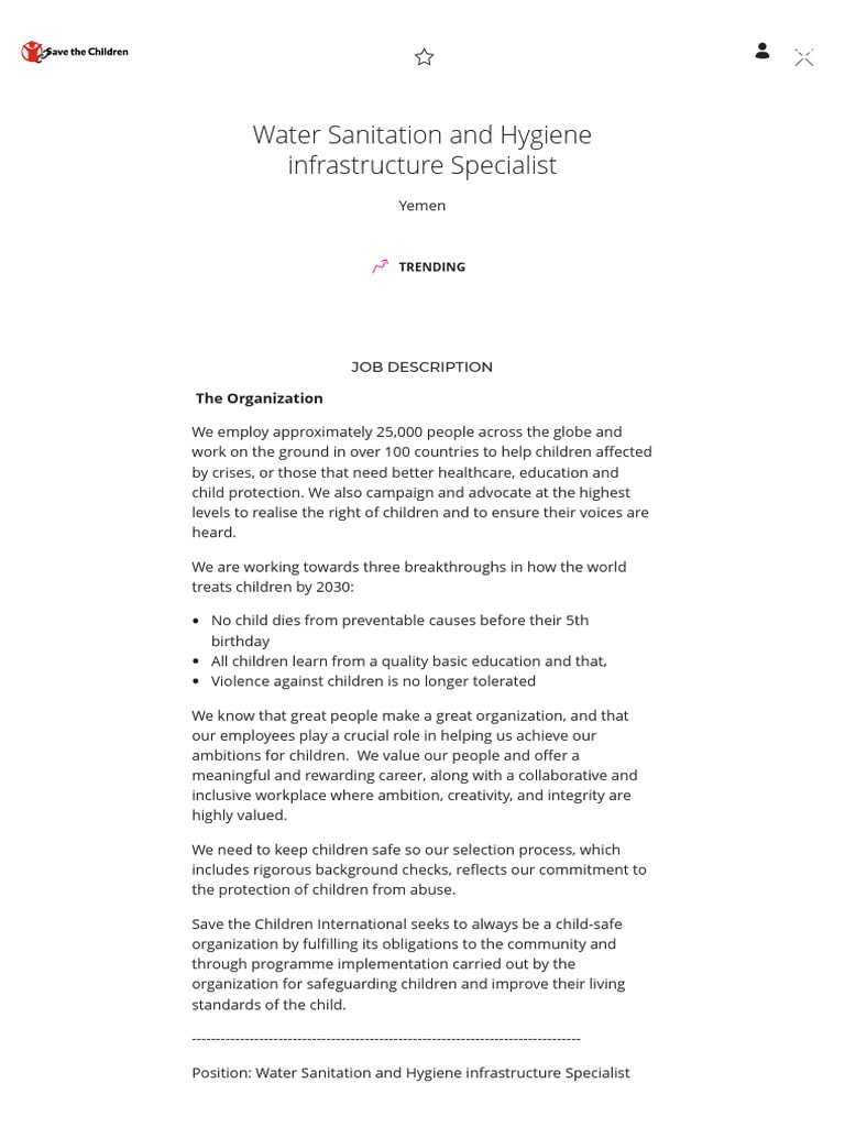 Water Sanitation and Hygiene infrastructure Specialist - SCI Career ...