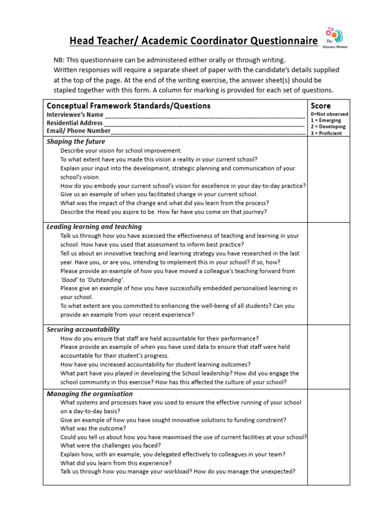 Head Teacher Questionnaire | Download Free PDF | Accountability | Learning