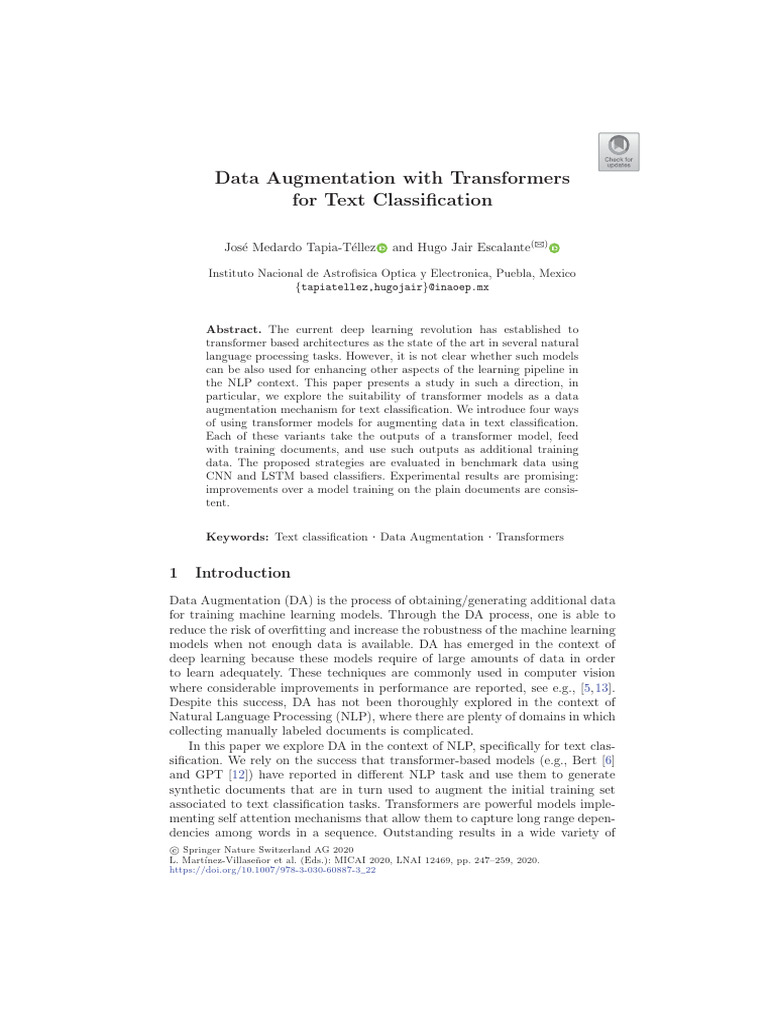Data Augmentation With Transformers For Text Classification | PDF | Machine Learning | Cognition