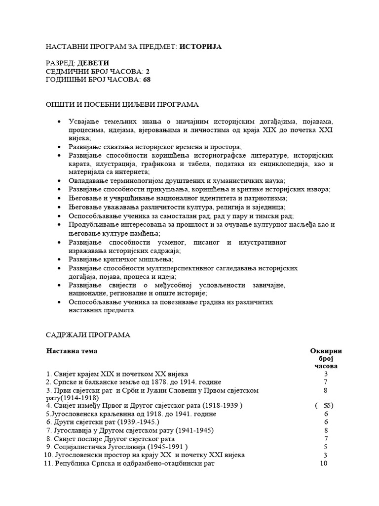 Istorija Nastavni Program Za Deveti Razred | PDF
