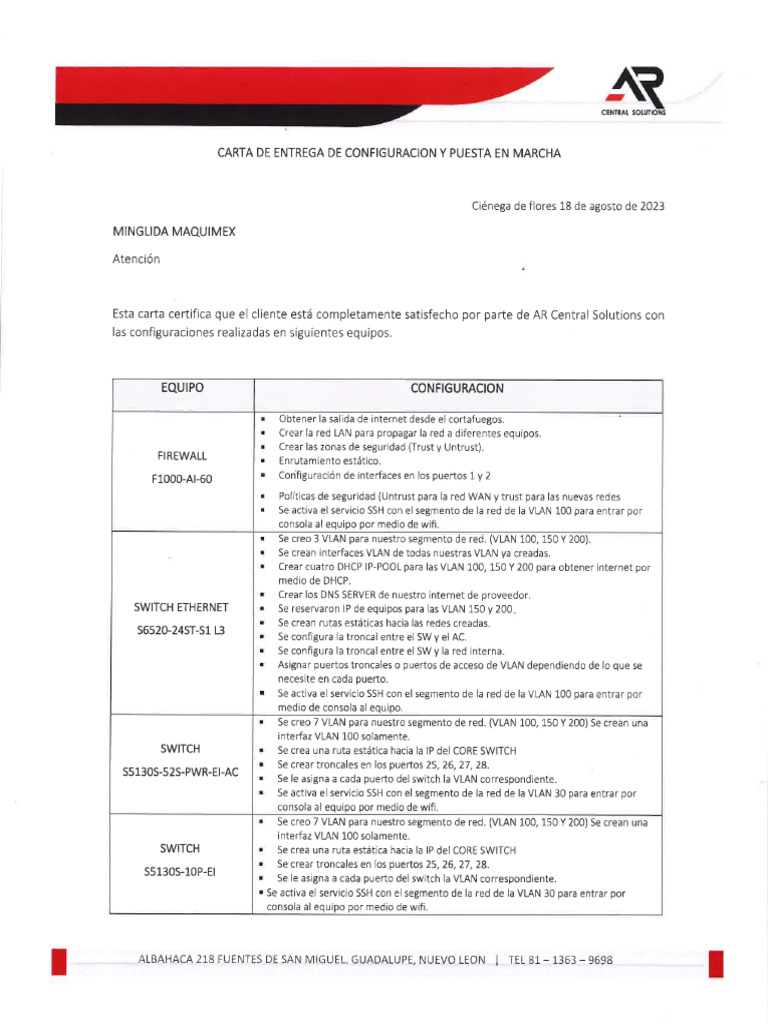 Carta de Entrega de Configuración | PDF