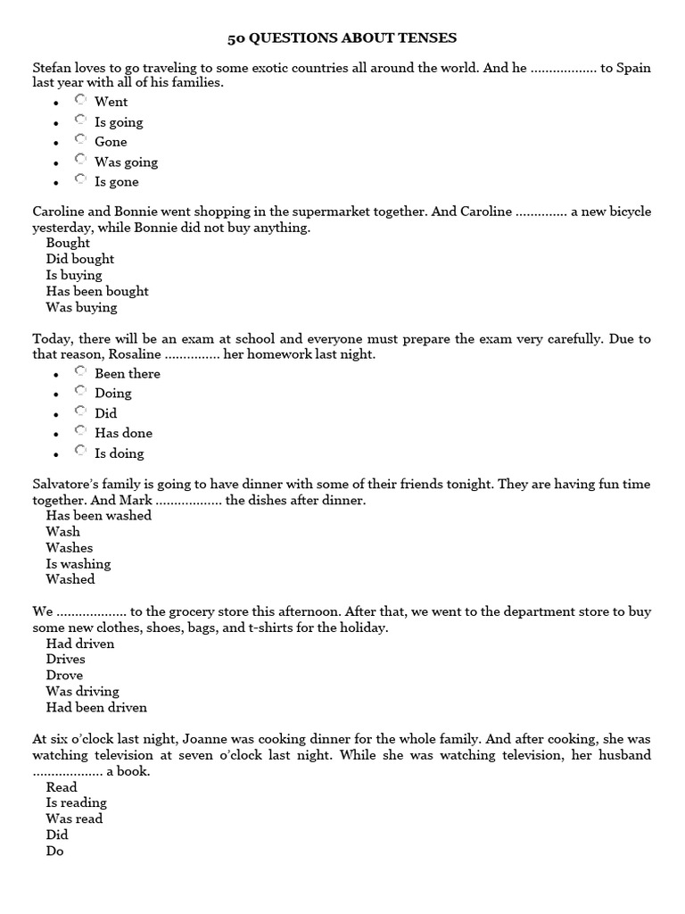 50 Questions About Tenses | PDF | Art | Mystery, Thriller & Crime Fiction