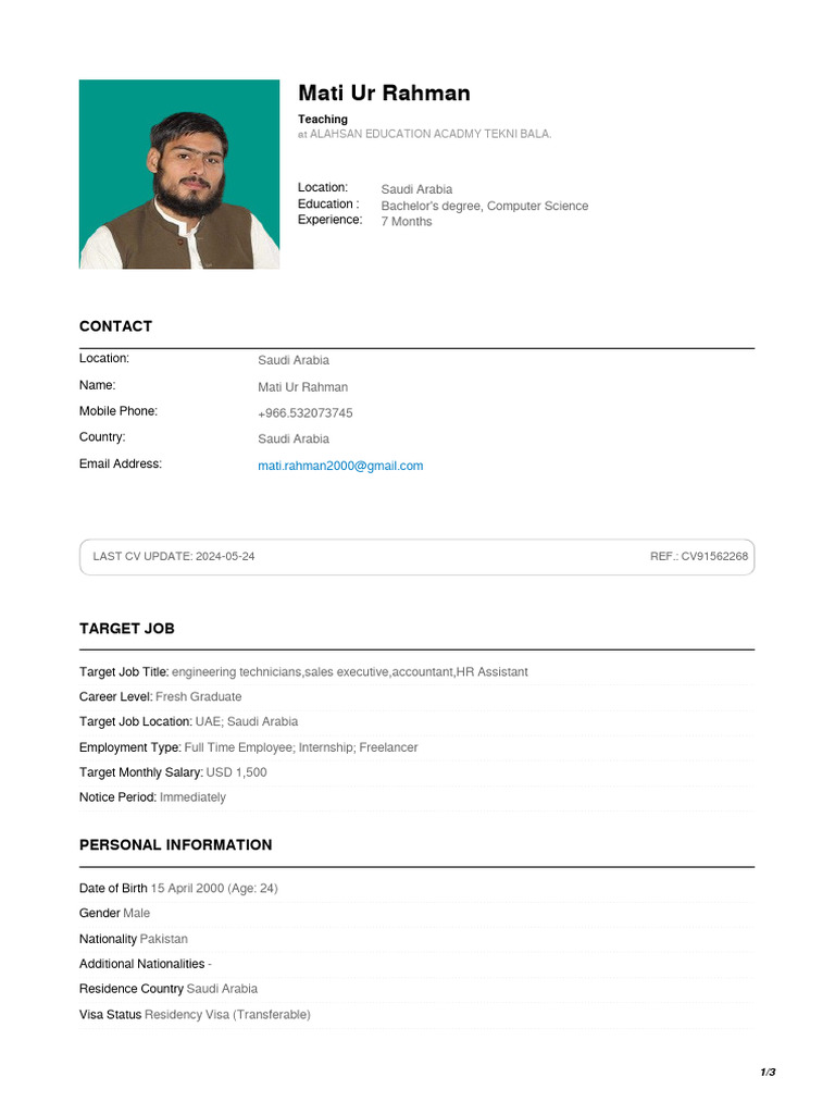 CV of Mati Ur Rahman - Fresh Graduate | PDF | Mobile App | Computing