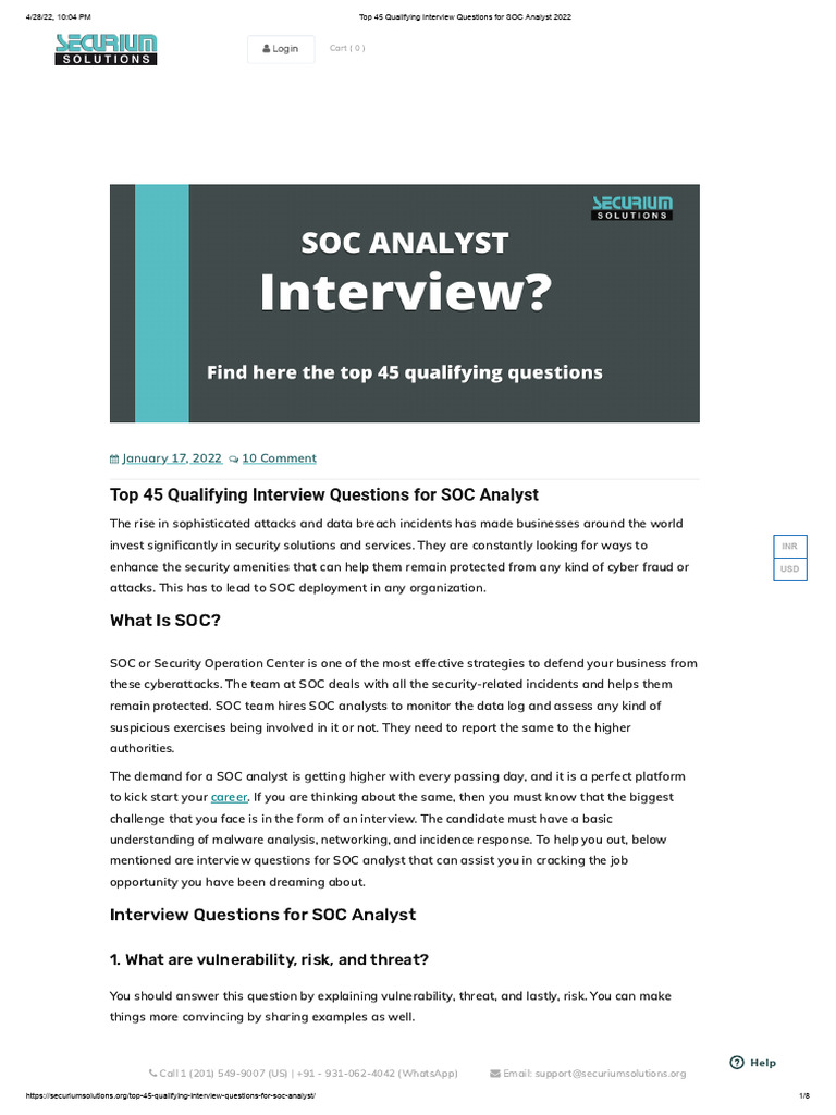 Top 45 Qualifying Interview Questions For SOC Analyst 2022 | PDF | Computer Network ...
