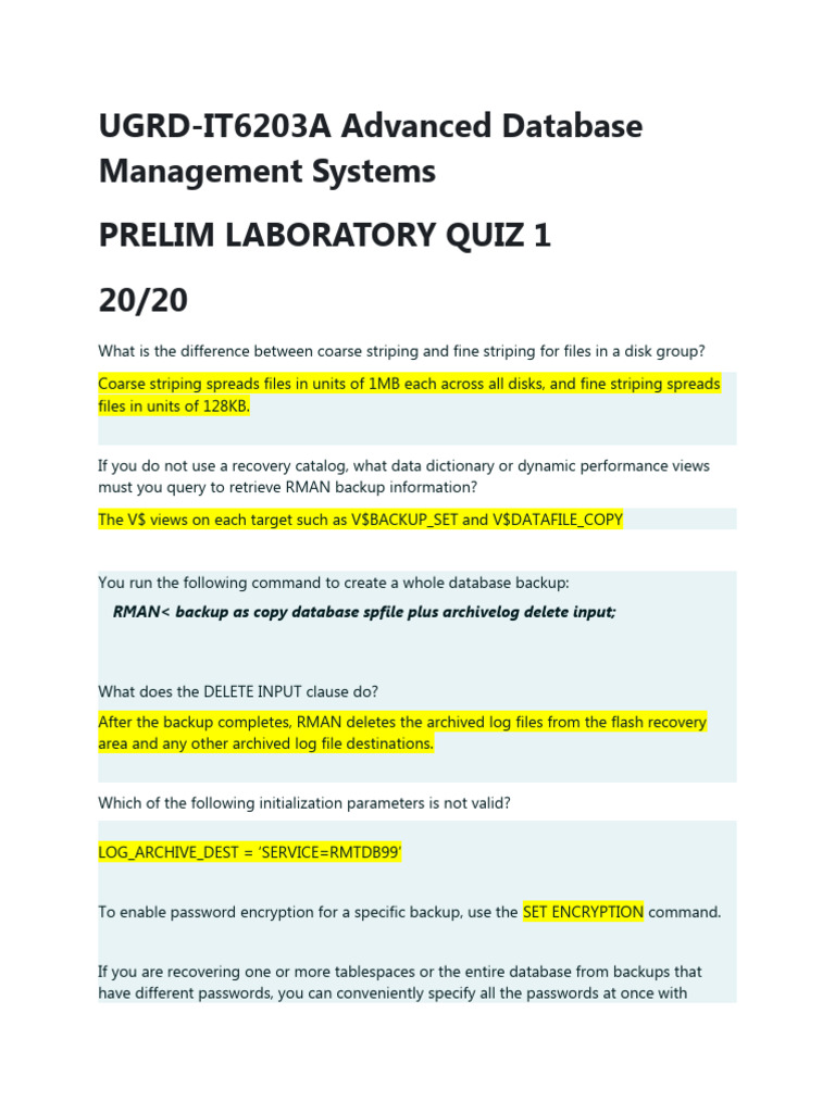 Advanced Database Management Systems QUIZZES | PDF | Databases | Backup