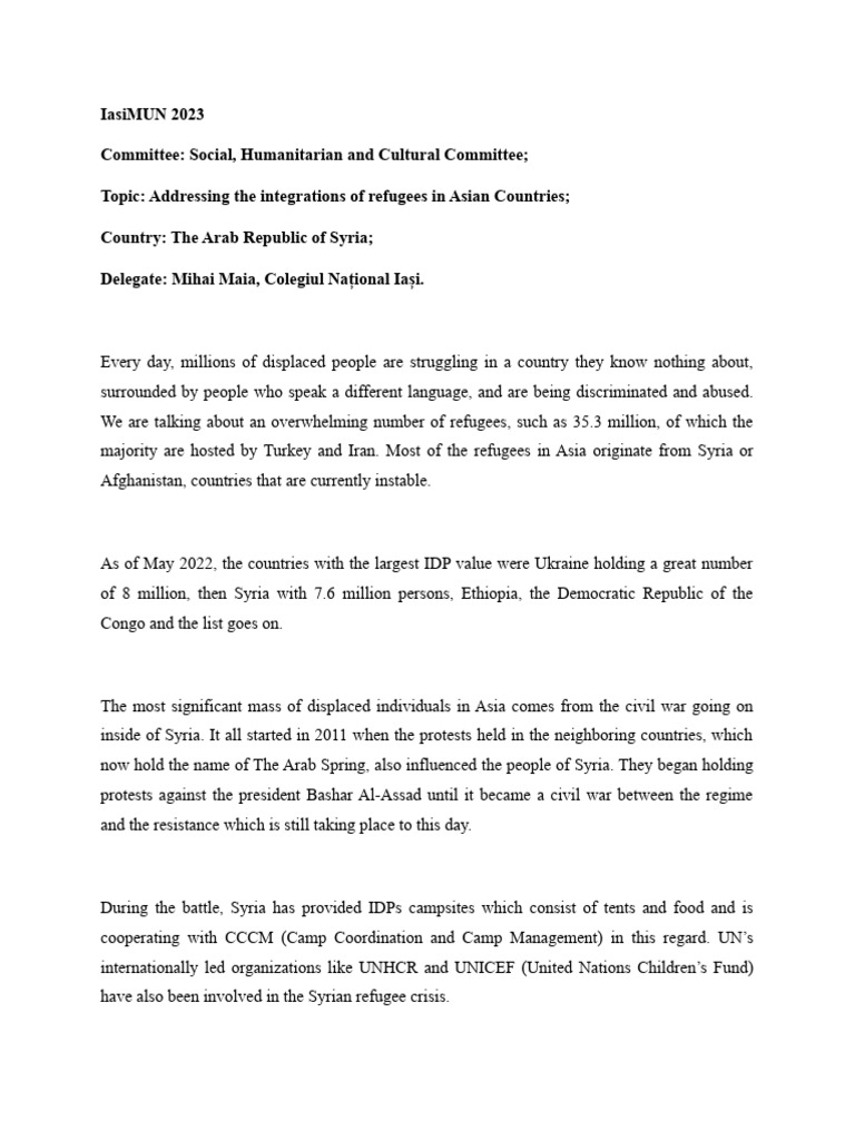 Position Paper SOCHUM Topic B | PDF | Syria | Internally Displaced Person