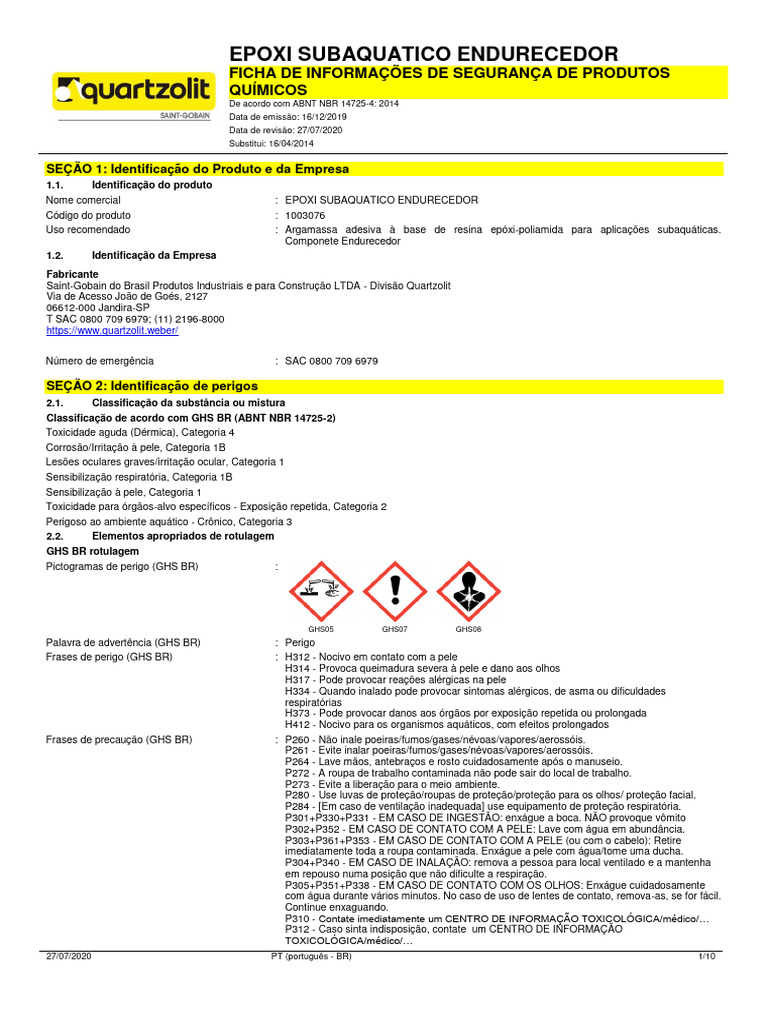FISPQ EPOXI SUBAQUATICO ENDURECEDOR | Download grátis PDF | Queimadura | Epóxi