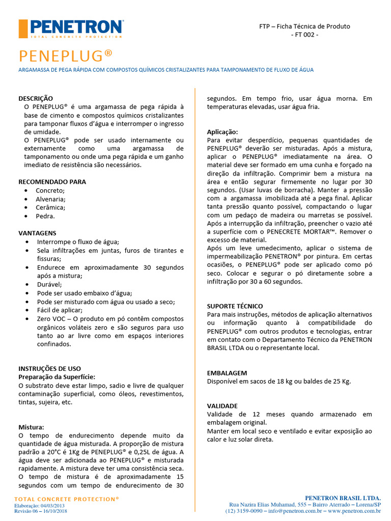 Ficha Tecnica Peneplug | PDF | Argamassa (alvenaria)