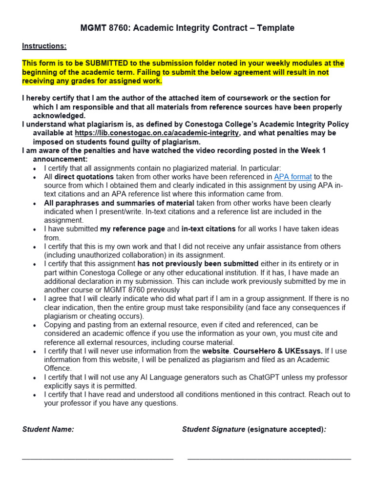 MGMT 8760 Academic Integrity Contract F23 | PDF | Plagiarism | Citation