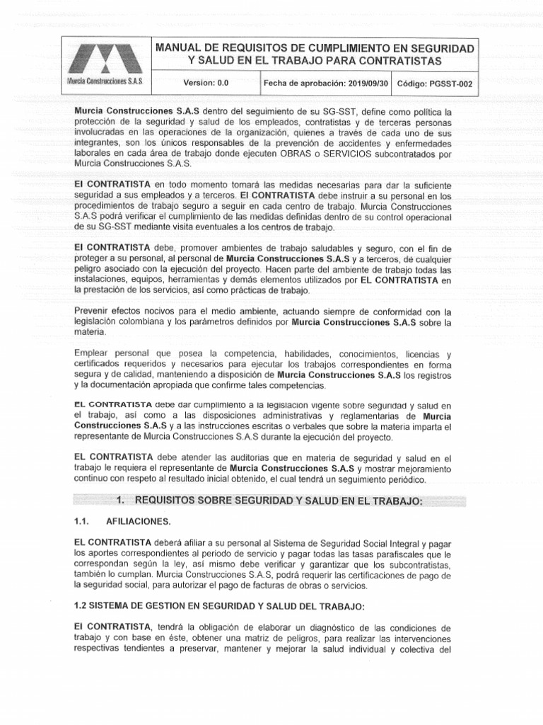 PGSST-02 MANUAL DE REQUISITOS SST PARA CONTRATISTAS F | PDF