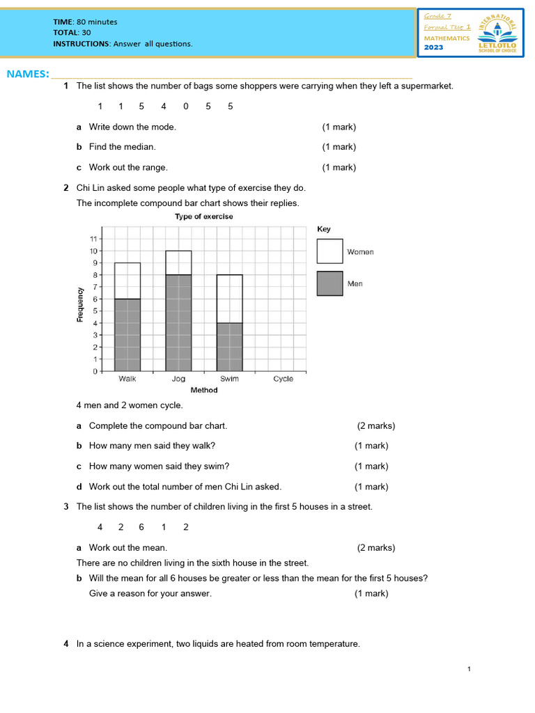 Y7 Maths Test1 Final 2023 Pdf Applied And Interdisciplinary Physics