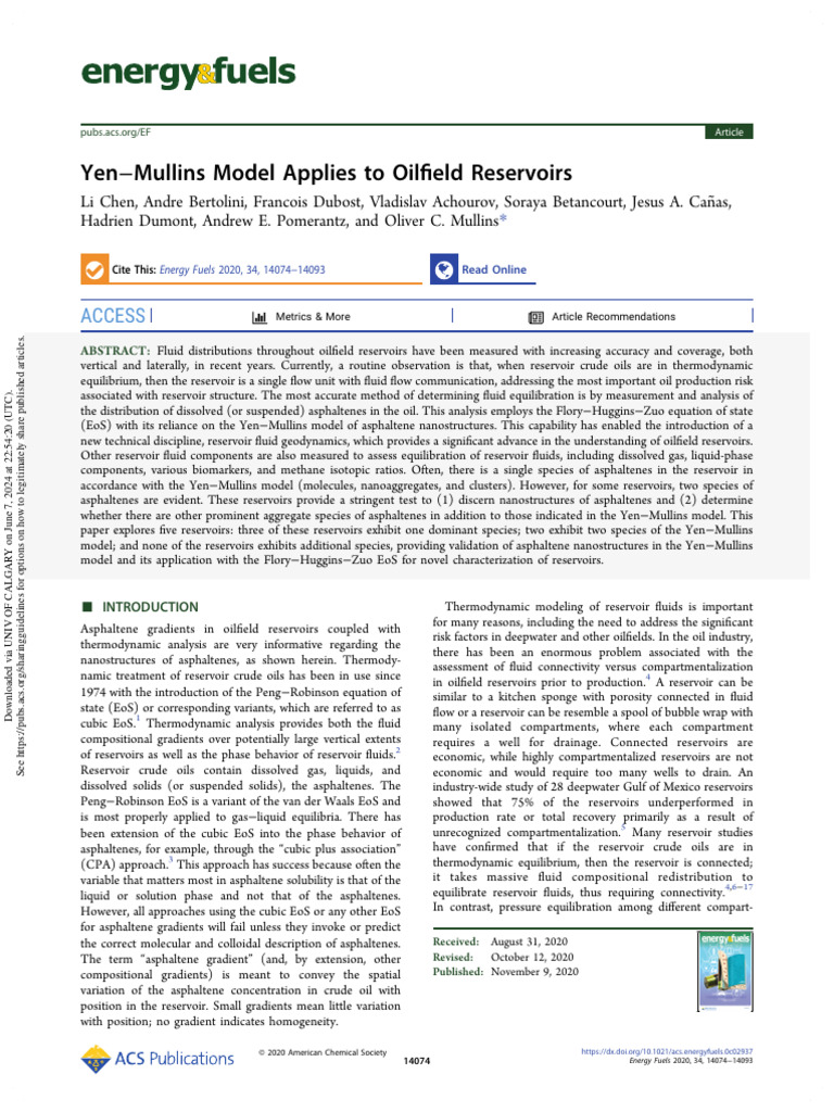 Chen Et Al 2020 Yen Mullins Model Applies To Oilfield Reservoirs ...