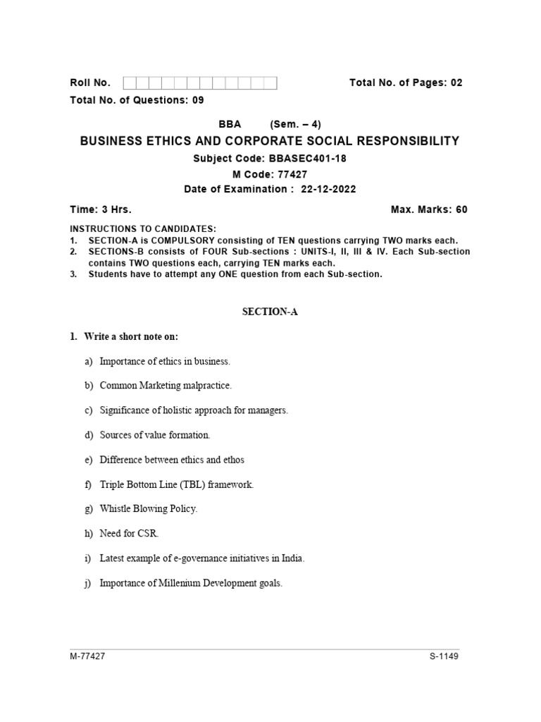 Business Ethics & CSR Exam Paper | PDF | Corporate Social ...