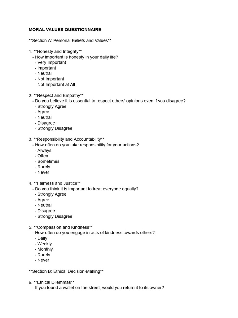 Questionnaire On Moral Values | PDF | Morality | Liberal Arts Education
