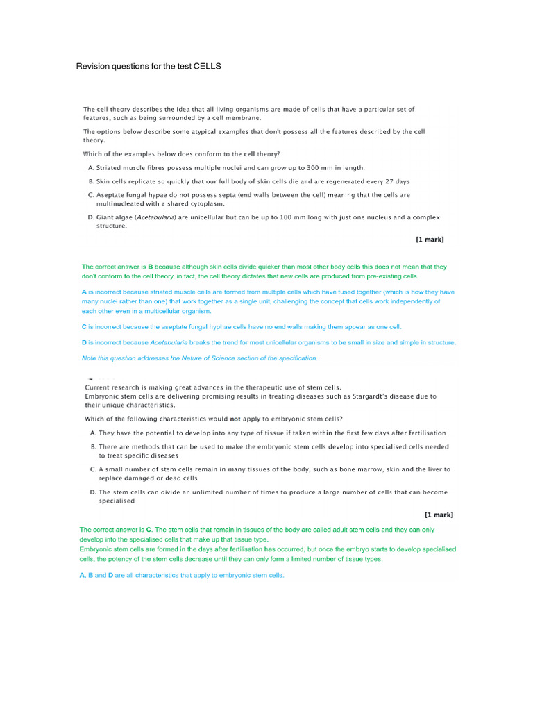 Revision Questions For The Test CELLS MS | PDF